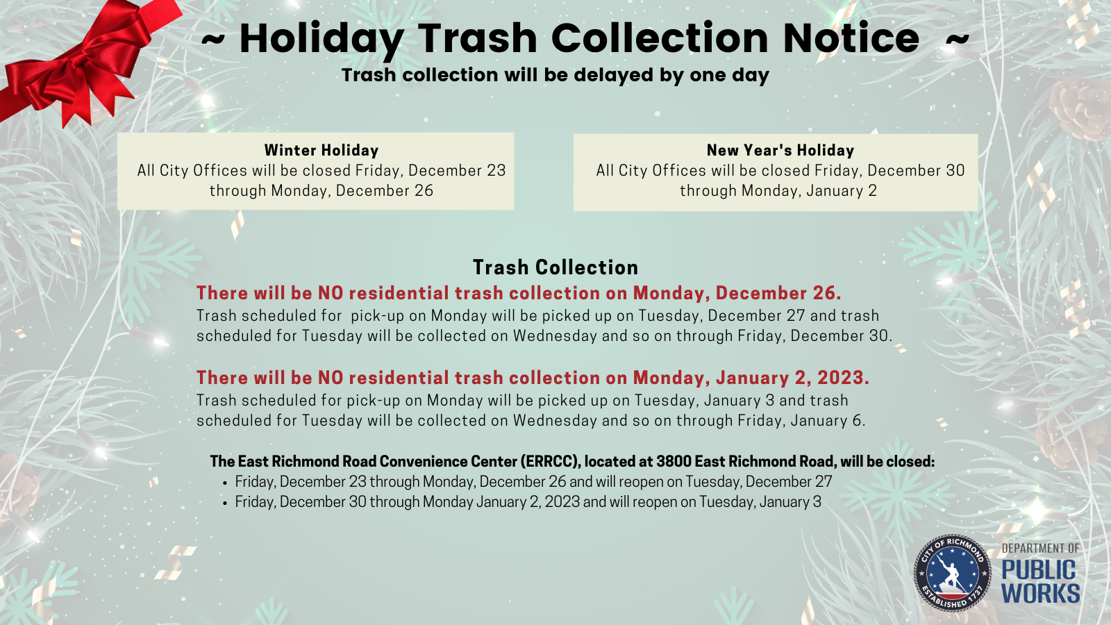Refuse Holiday Schedule Update | Richmond